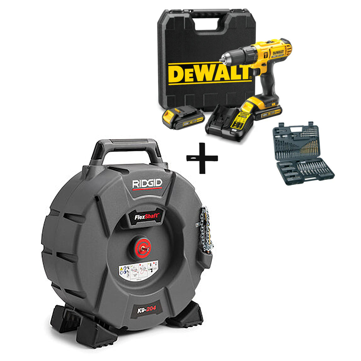RIDGID K9-204 FlexShaft® Machine + DeWalt 18V Hammer Drill & Bit Set C ...